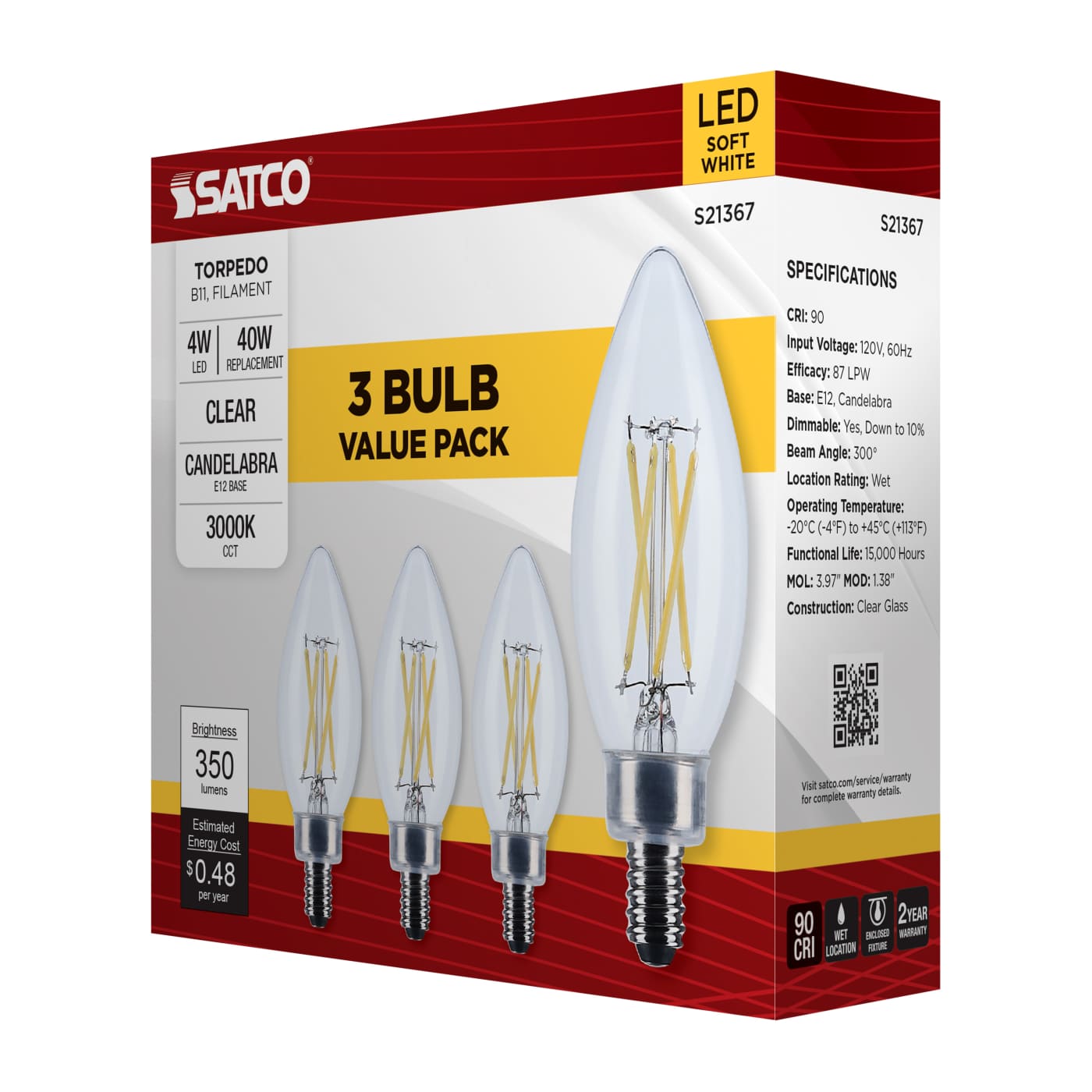 S21367 4B11/LED/930/CL/120V/E12/3PK